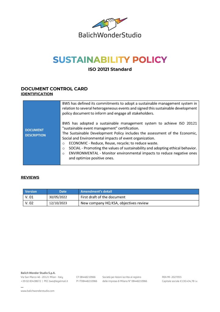 Sustainability Policy - Balich Wonder Studio | Live Entertainment Group Sustainability Policy - Balich Wonder Studio | Live Entertainment Group
