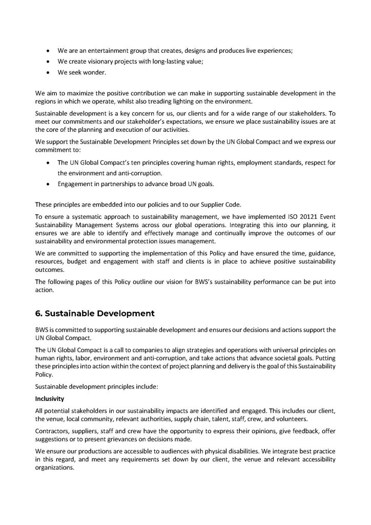 Sustainability Policy - Balich Wonder Studio | Live Entertainment Group Sustainability Policy - Balich Wonder Studio | Live Entertainment Group